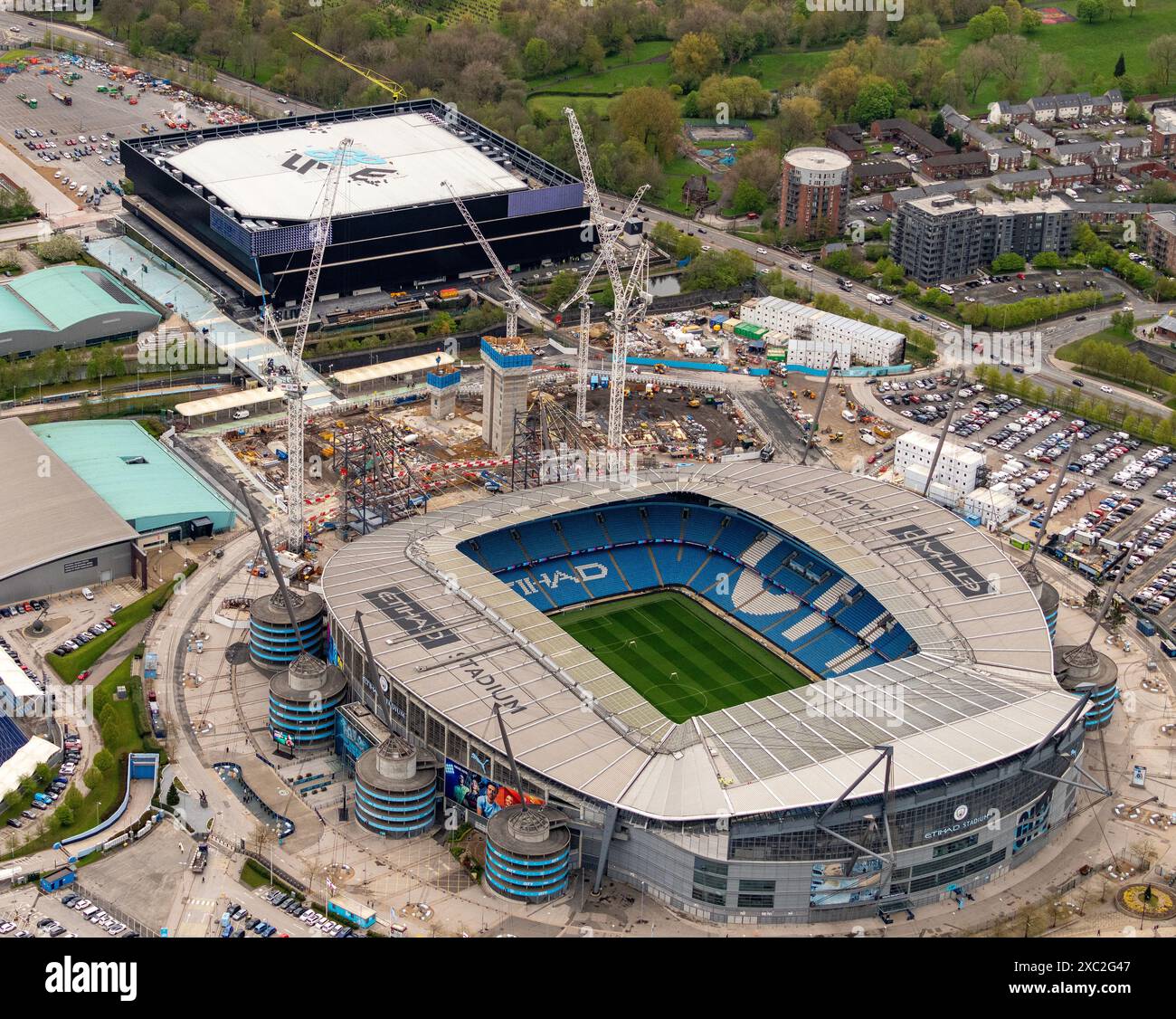 Aerial photo of Manchester City Etihad Stadium and Coop Live arena from ...
