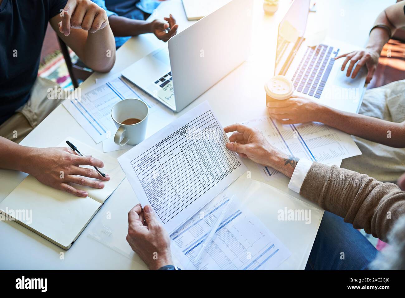 Business people, hands and spreadsheet in meeting for strategy ...