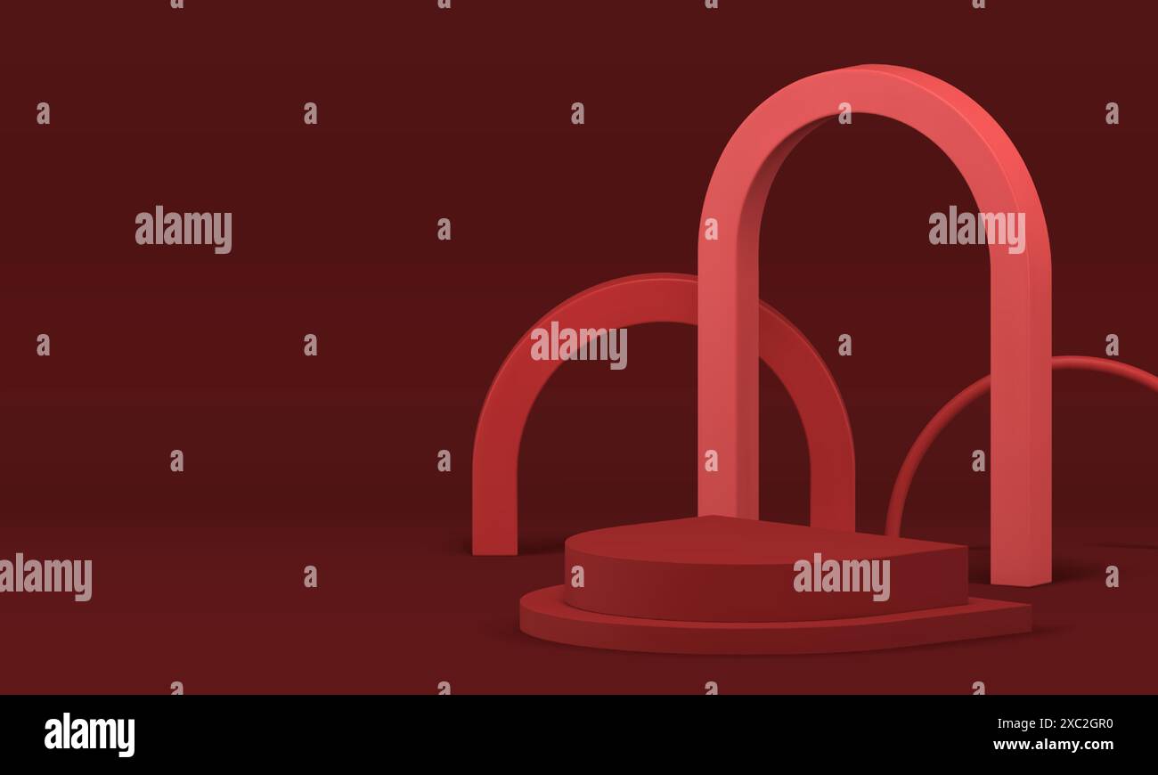 Red 3d semi circle podium pedestal with arch wall background for show ...