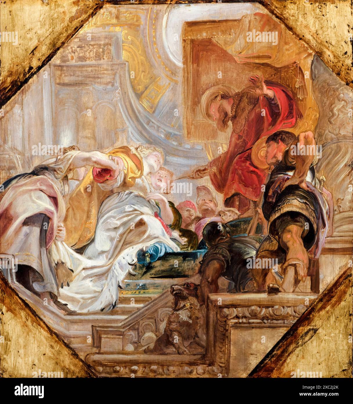 Peter Paul Rubens, Esther before Ahasuerus, painting in oil on panel ...