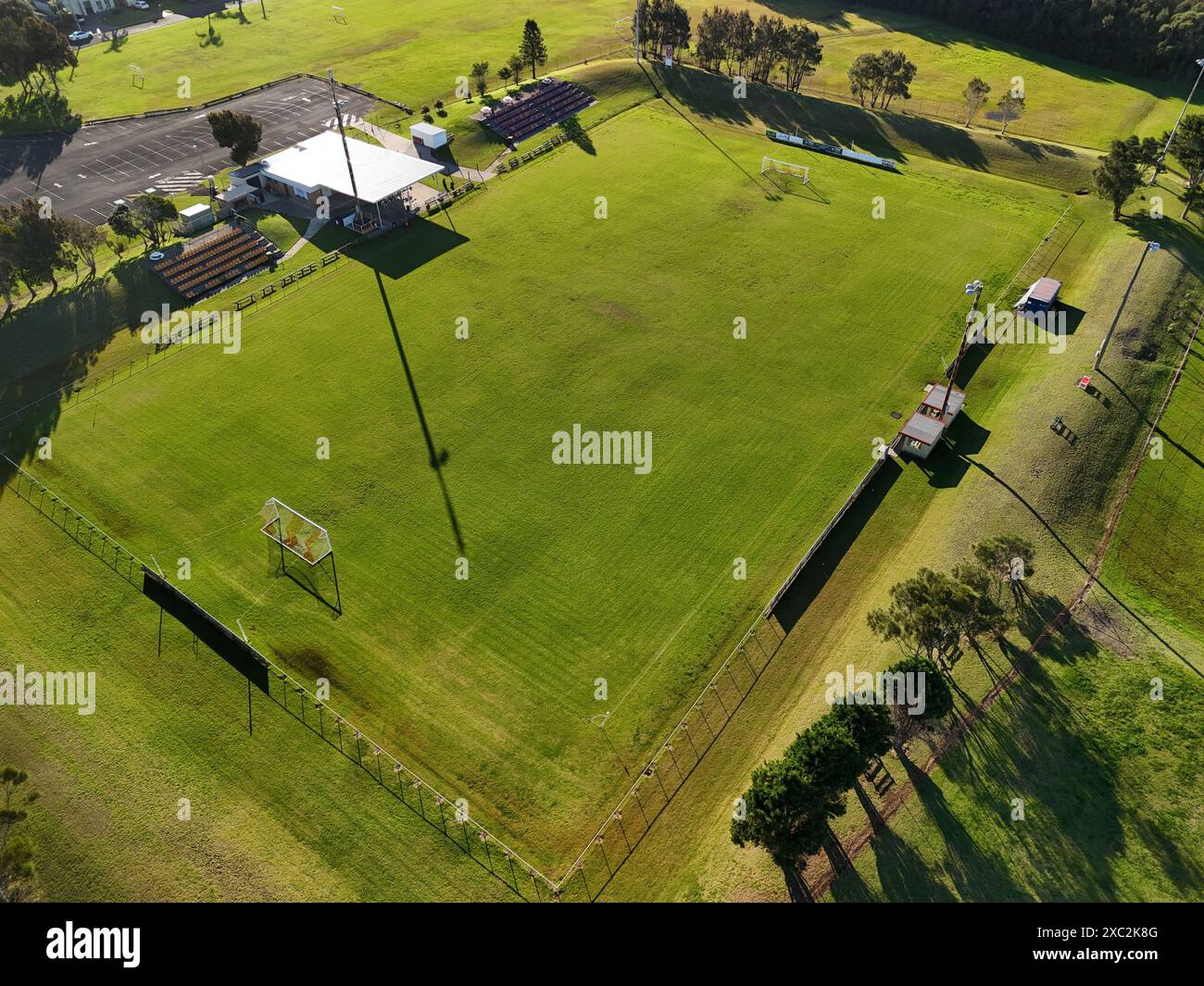 An aerial view of a well-maintained soccer field with surrounding ...
