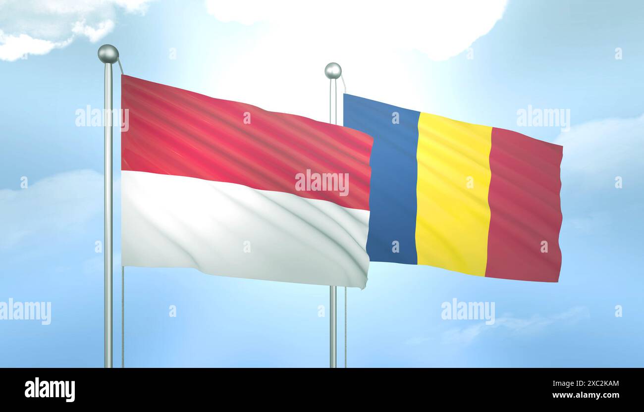 3D Flag of Indonesia and Chad on Blue Sky with Sun Shine Stock Photo ...