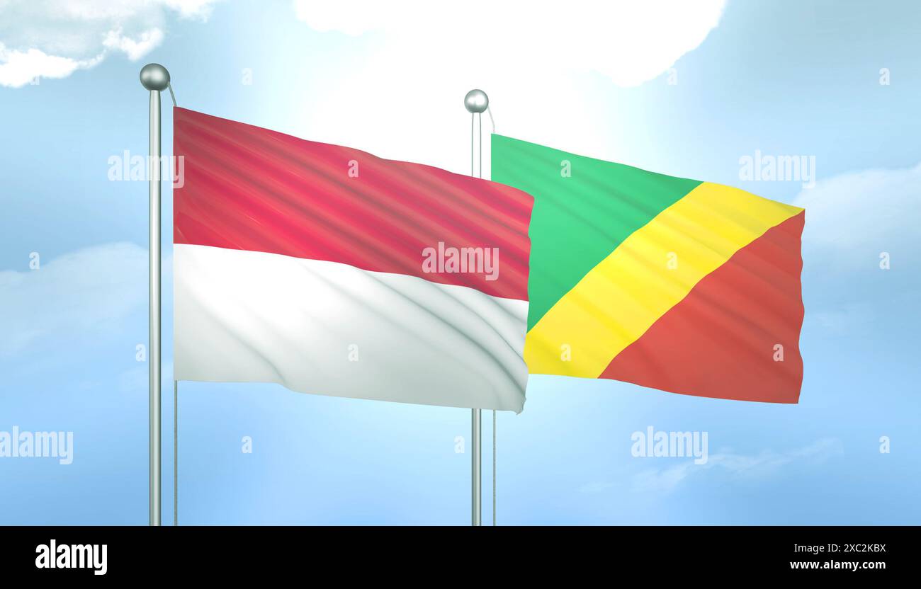 3D Flag of Indonesia and Congo Republic on Blue Sky with Sun Shine ...
