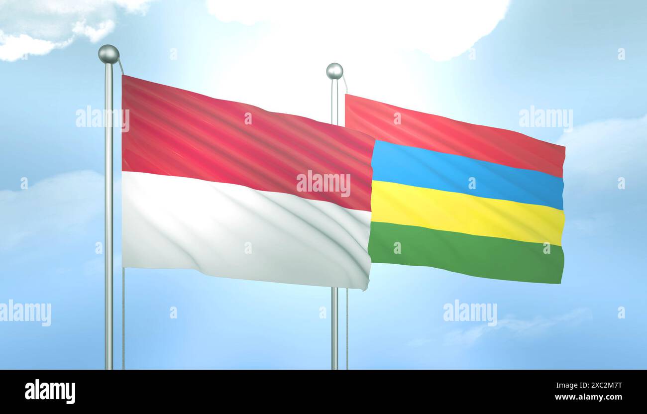 3D Flag of Indonesia and Mauritius on Blue Sky with Sun Shine Stock ...