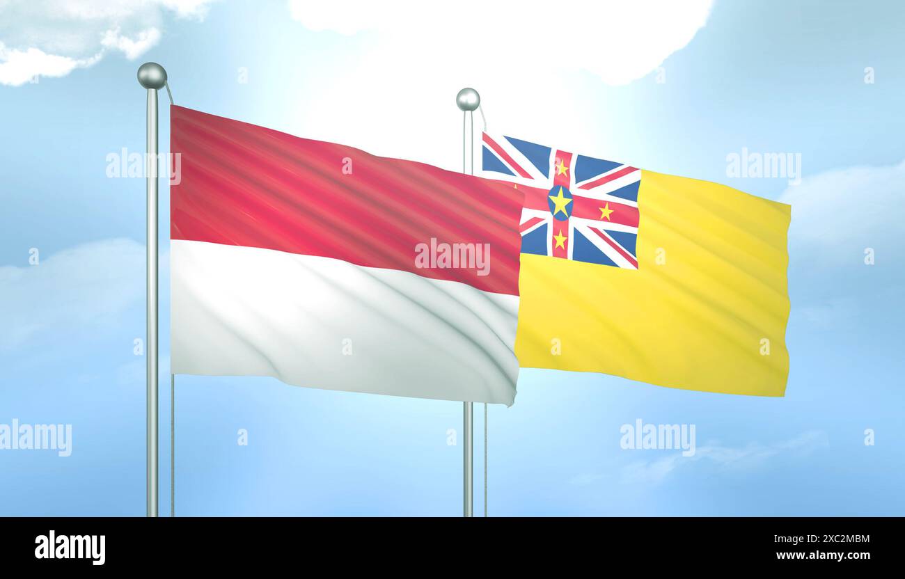 3D Flag of Indonesia and Niue on Blue Sky with Sun Shine Stock Photo ...
