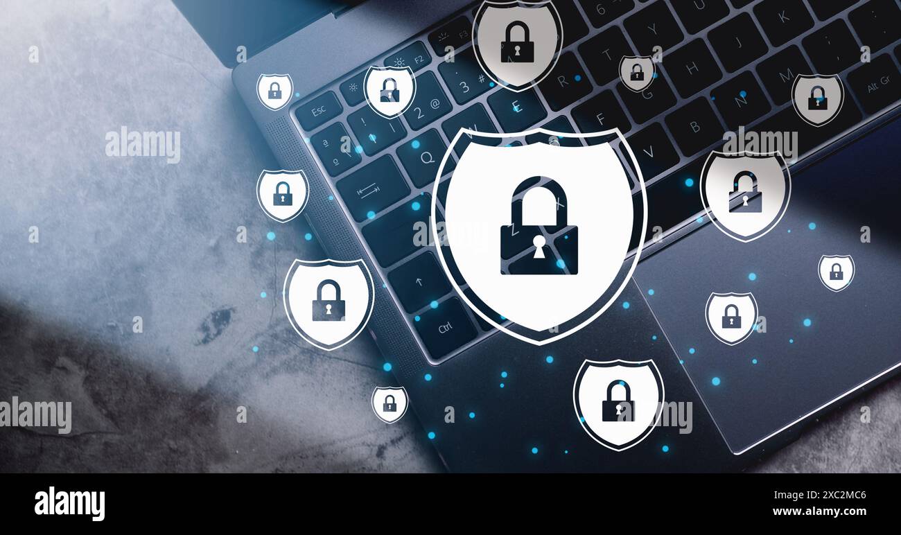 Laptop desktop view with protection holographic interface. Digital ...