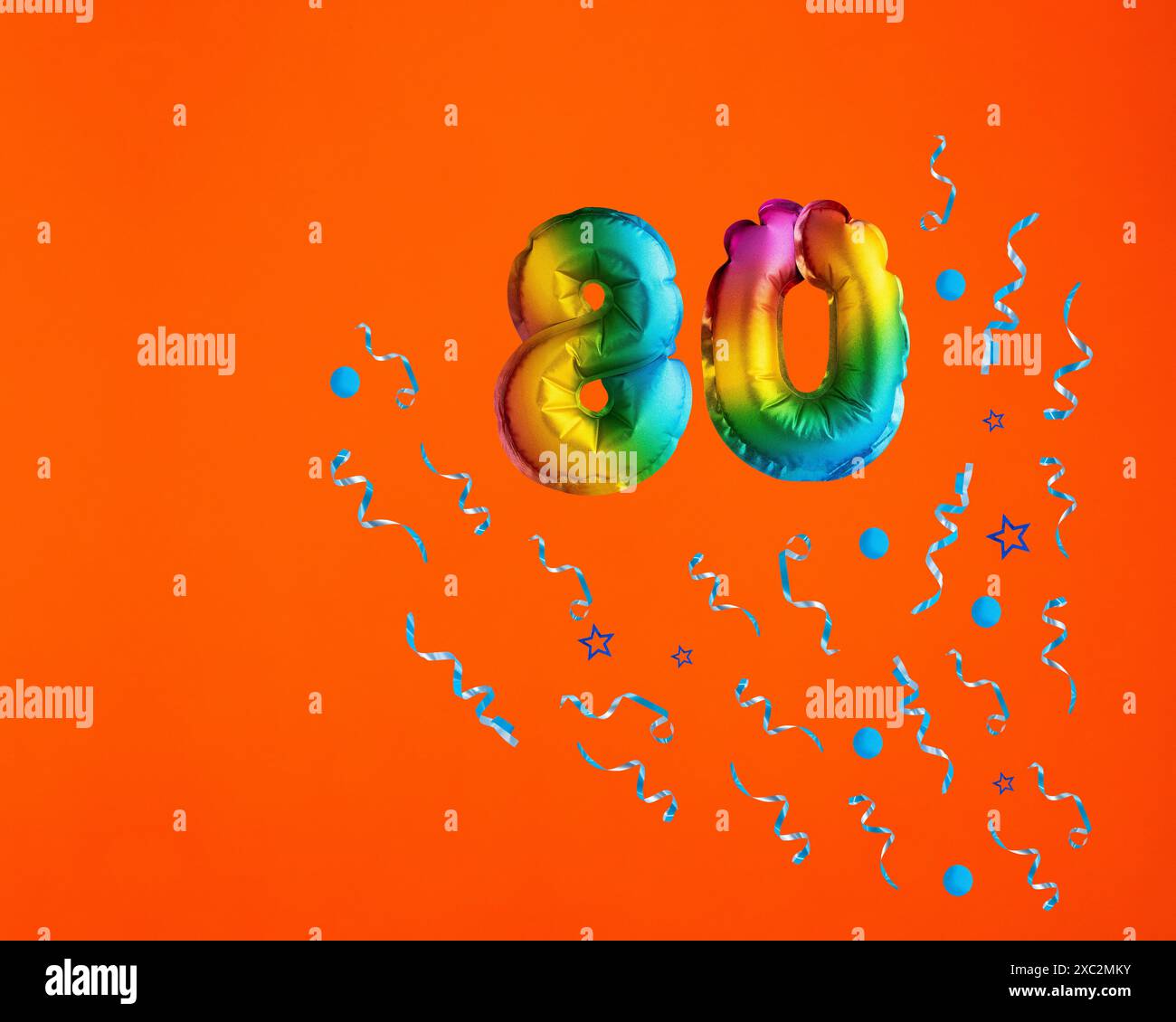 Multicolor balloon number 80 - Confetti explosion on orange background ...