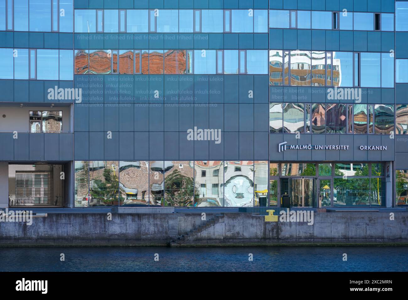 Orkanen building of the Malmö University, Sweden on the waterfront in the harbour area. It ...