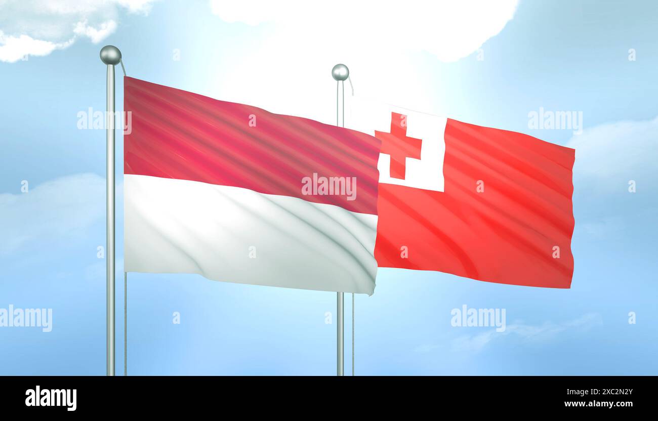 3D Flag of Indonesia and Tonga on Blue Sky with Sun Shine Stock Photo ...
