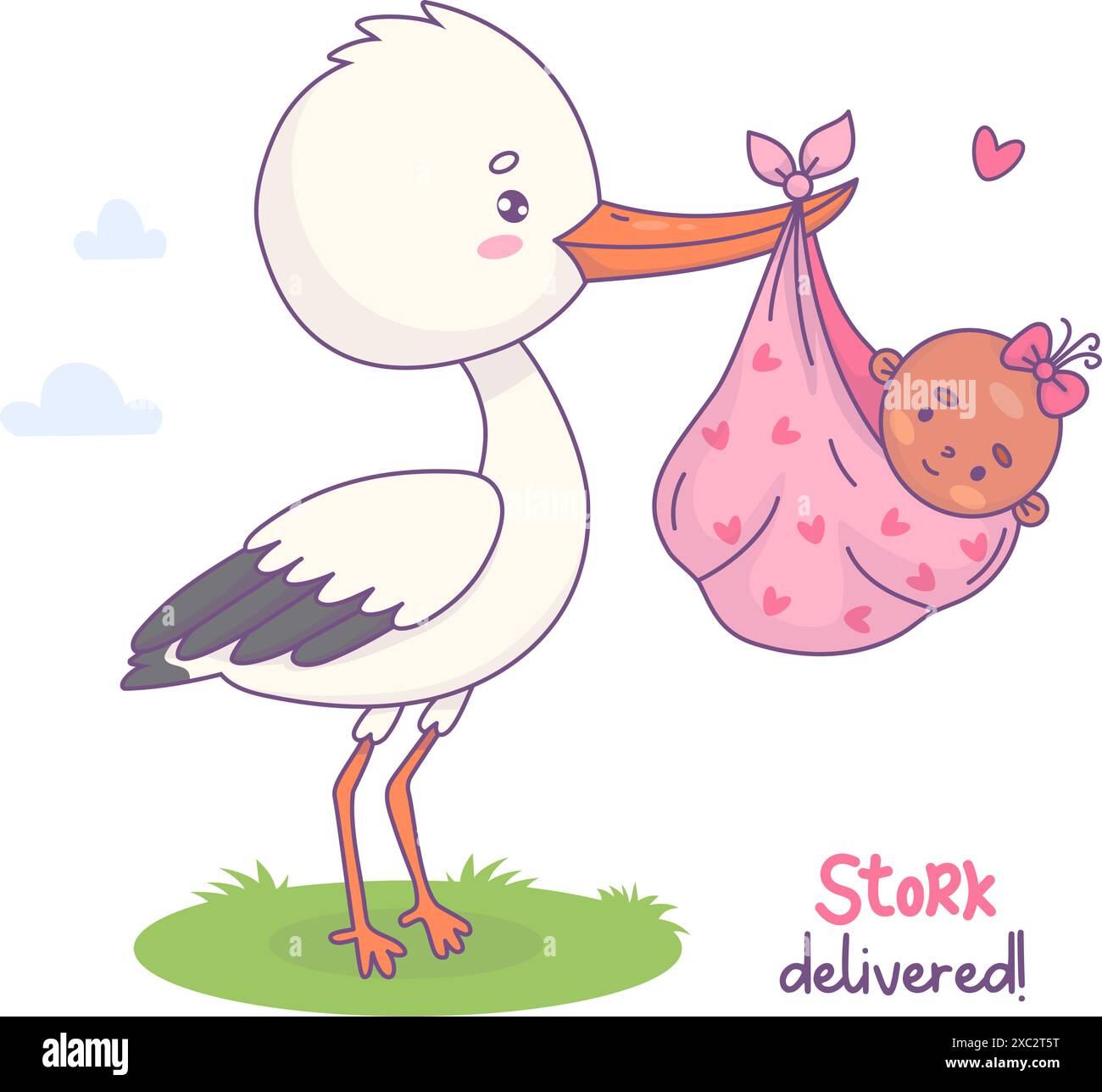 Cute stork standing in grass with black ethnic newborn baby girl ...