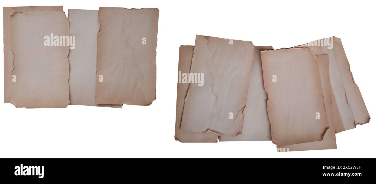 empty stack of old aged paper torn off edges tied on white isolated ...