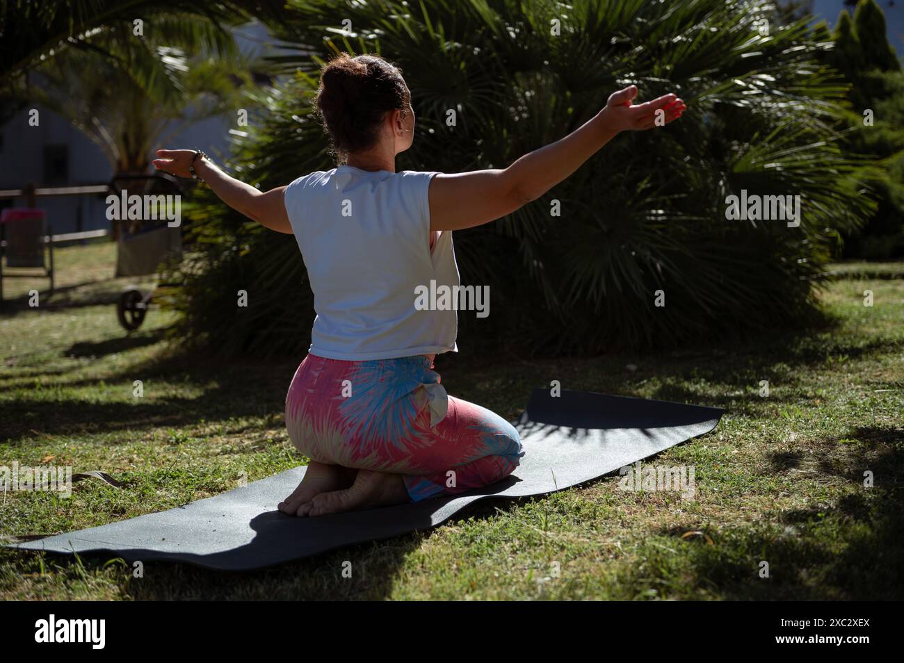 Back view of a woman practicing yoga on a mat in a serene garden ...