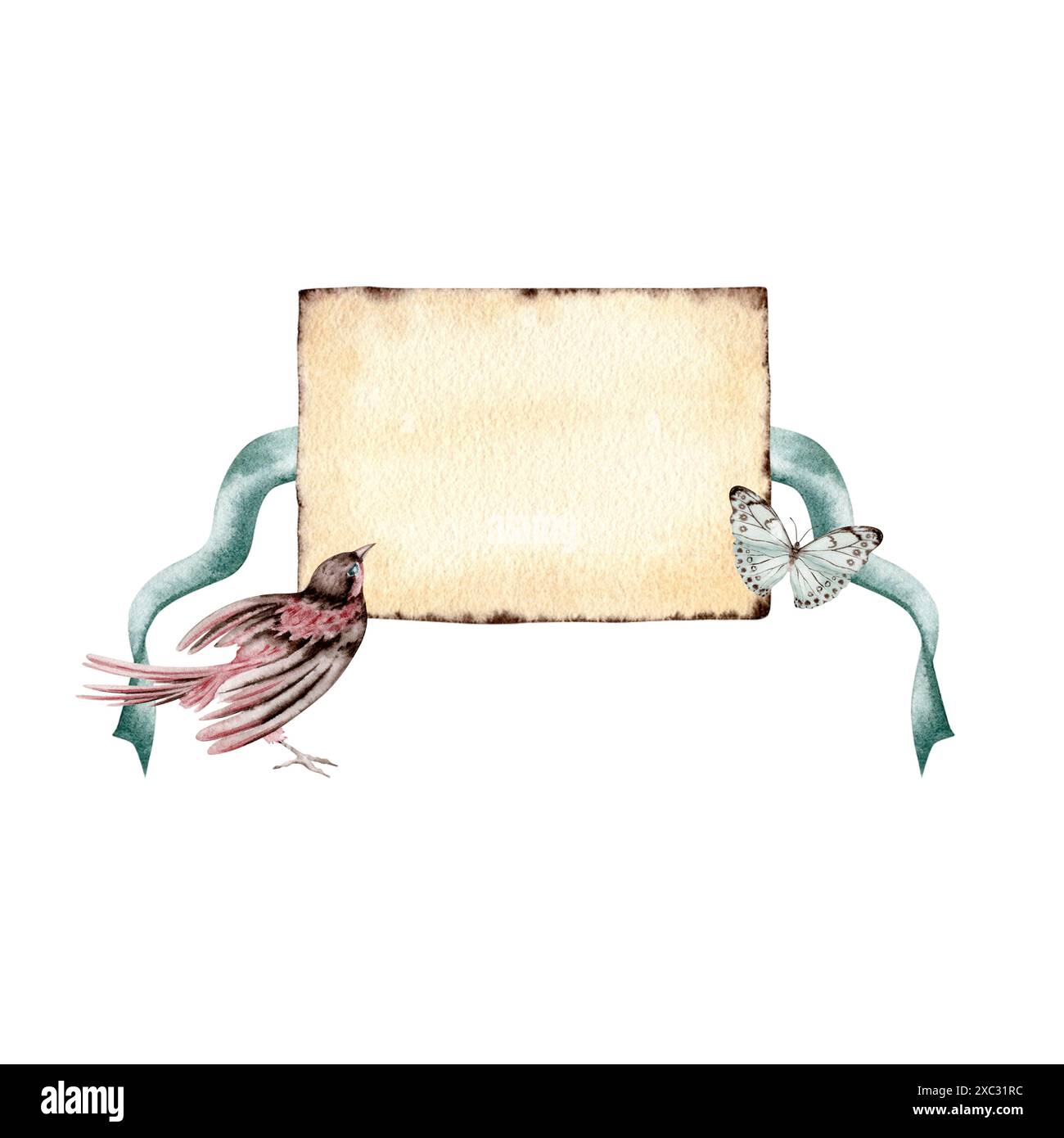 Copy space card design with a bird, ribbon and a butterfly. Elegant ...