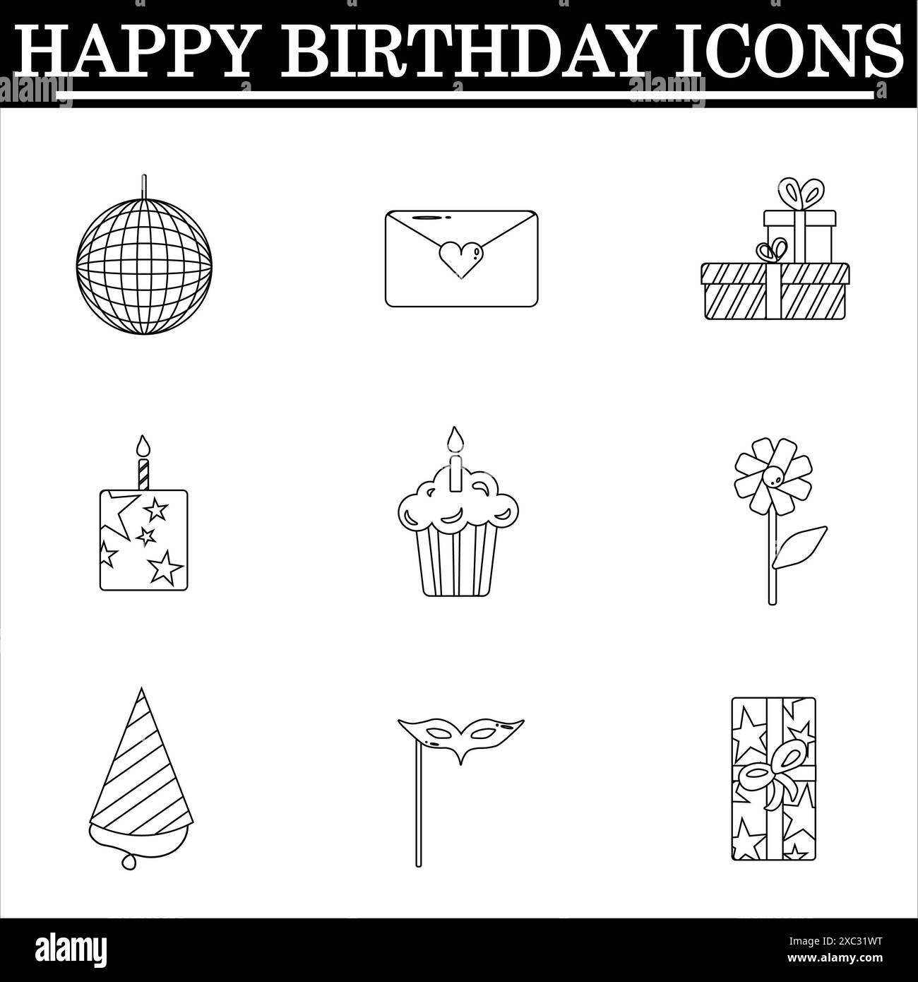 Set of birthday outline icons on the white background. Celebration ...