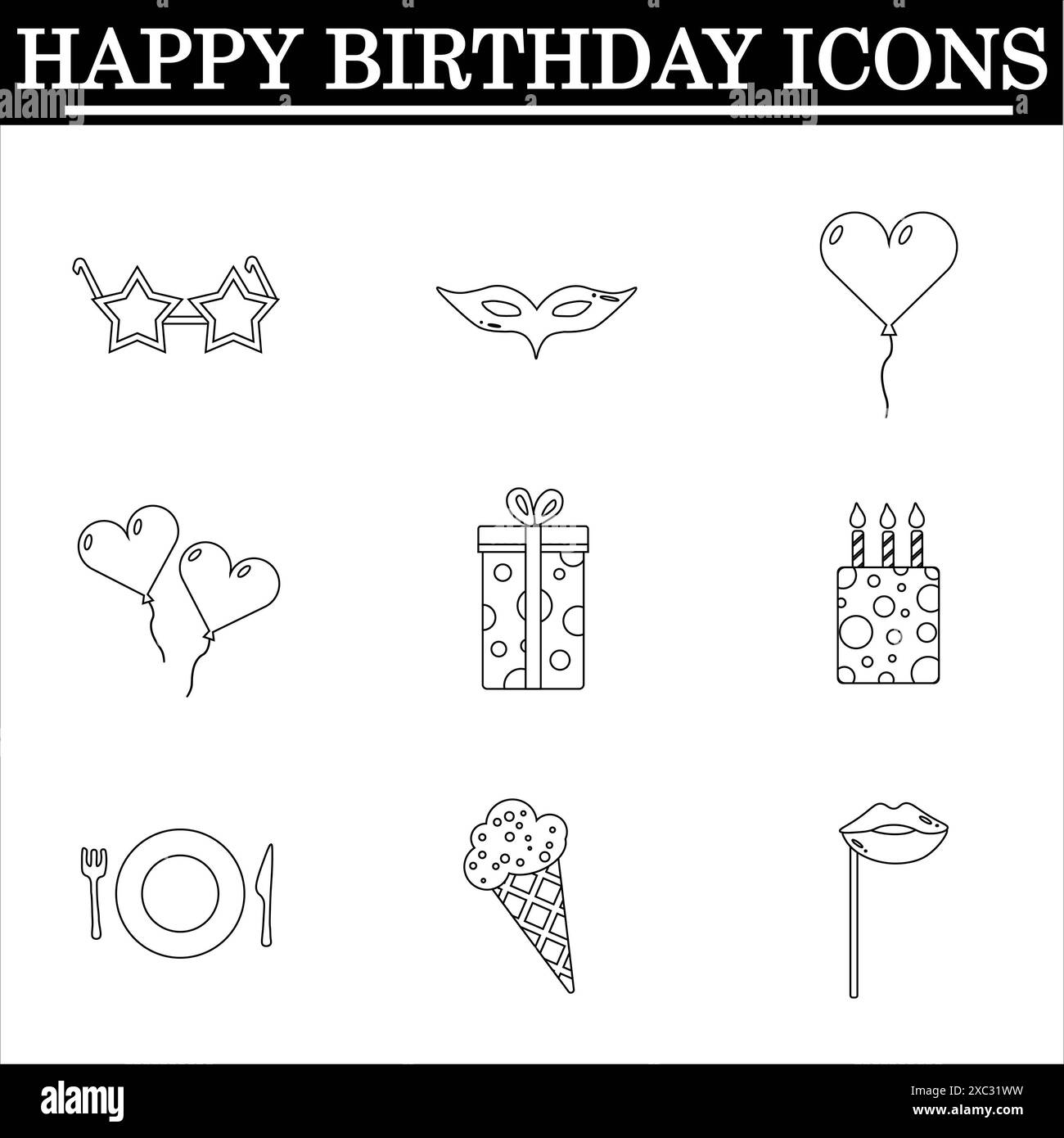 Set of birthday outline icons on the white background. Celebration ...