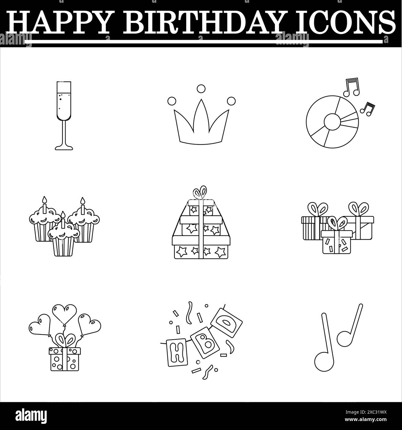 Set of birthday outline icons on the white background. Celebration ...