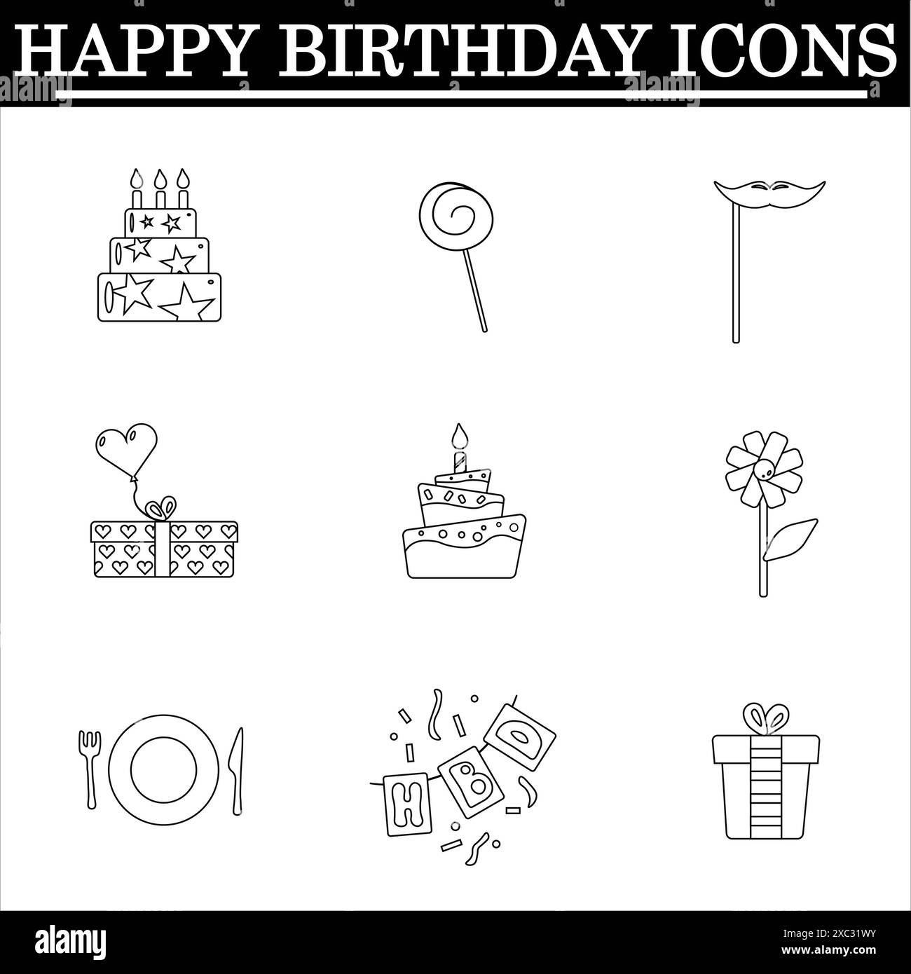 Set of birthday outline icons on the white background. Celebration ...