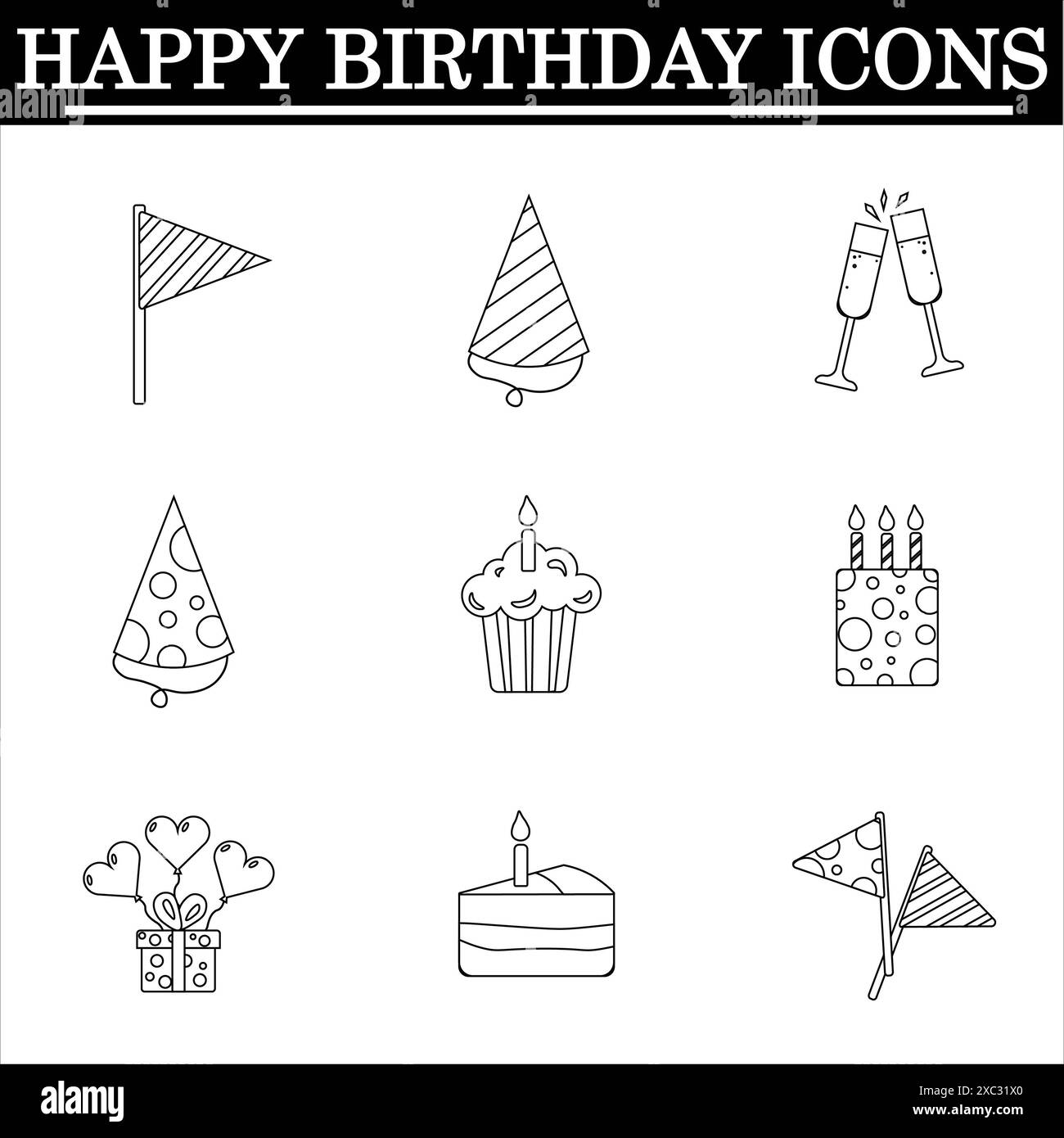 Set of birthday outline icons on the white background. Celebration ...