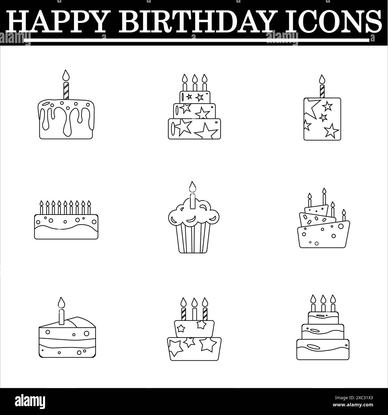 Set of birthday outline icons on the white background. Celebration ...