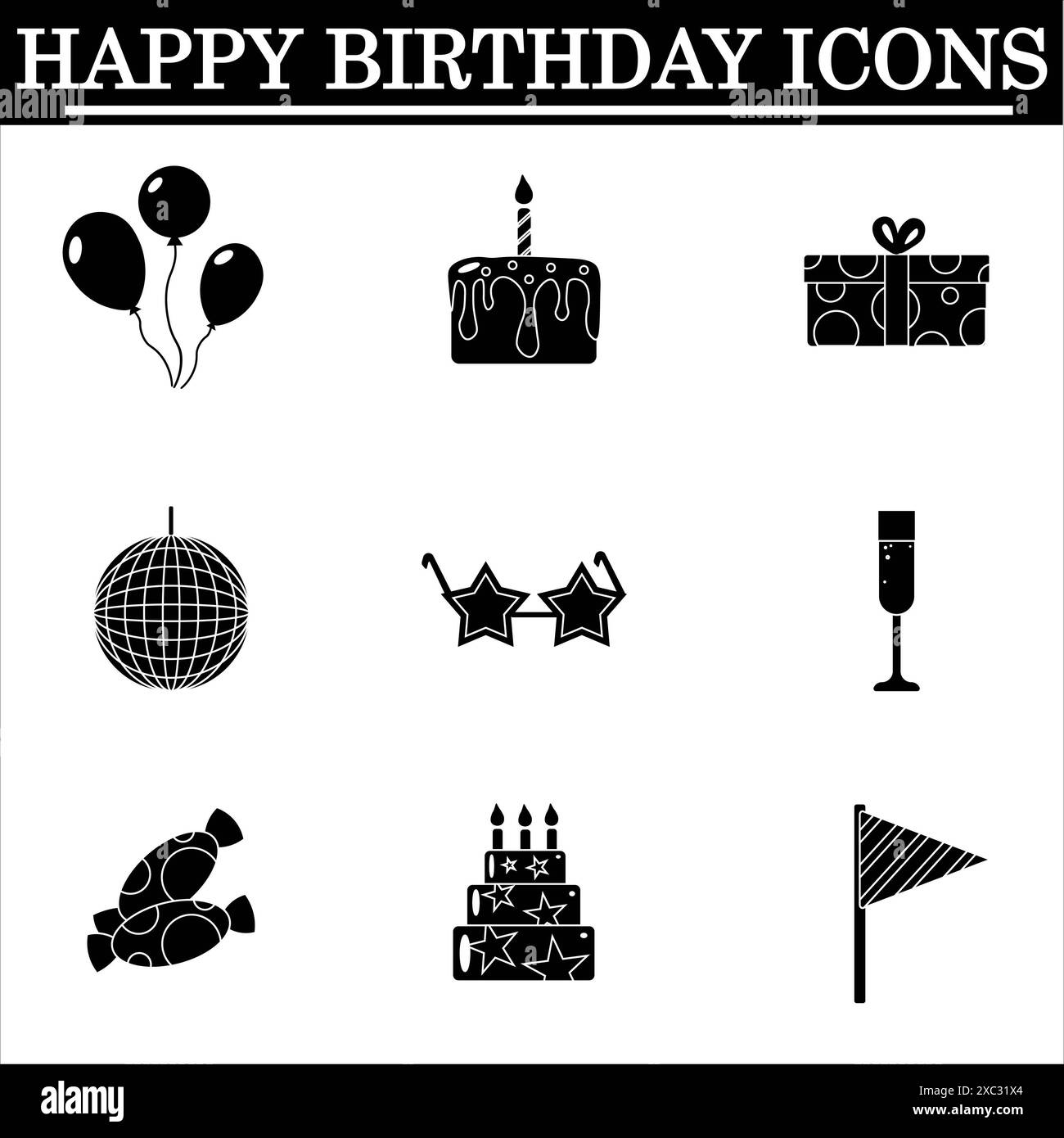 Set of birthday simple icons on the white background. Celebration black ...