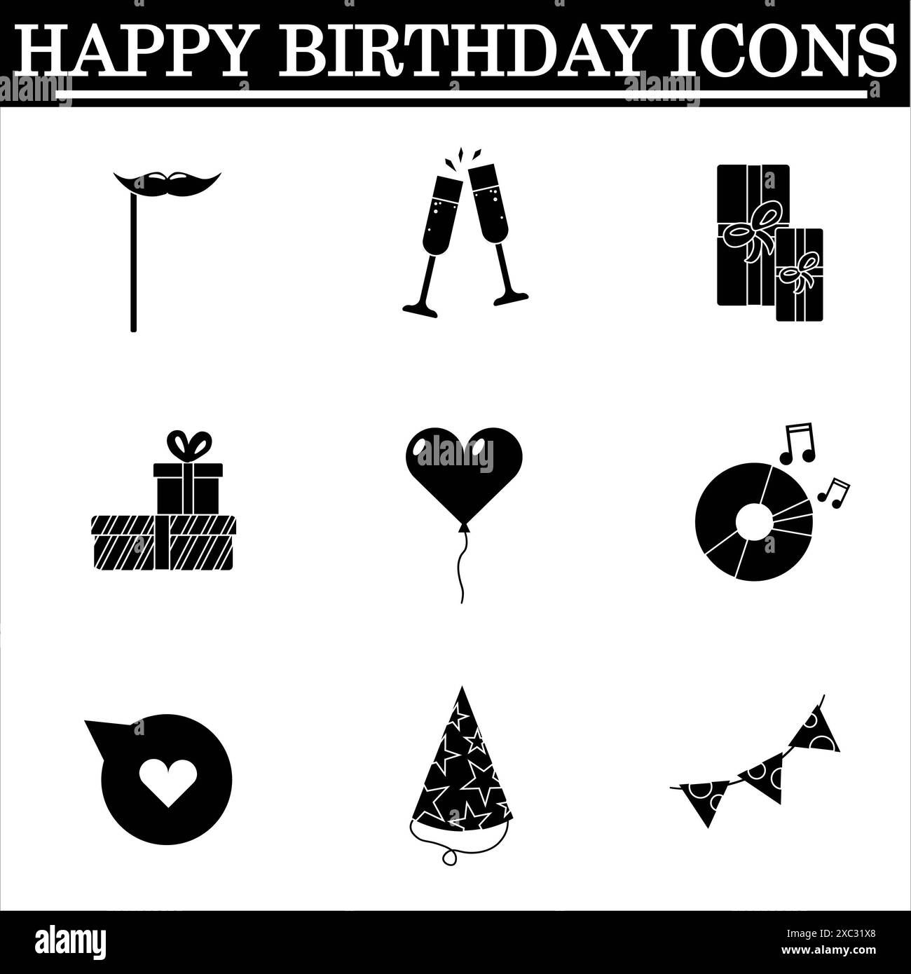 Set of birthday simple icons on the white background. Celebration black ...