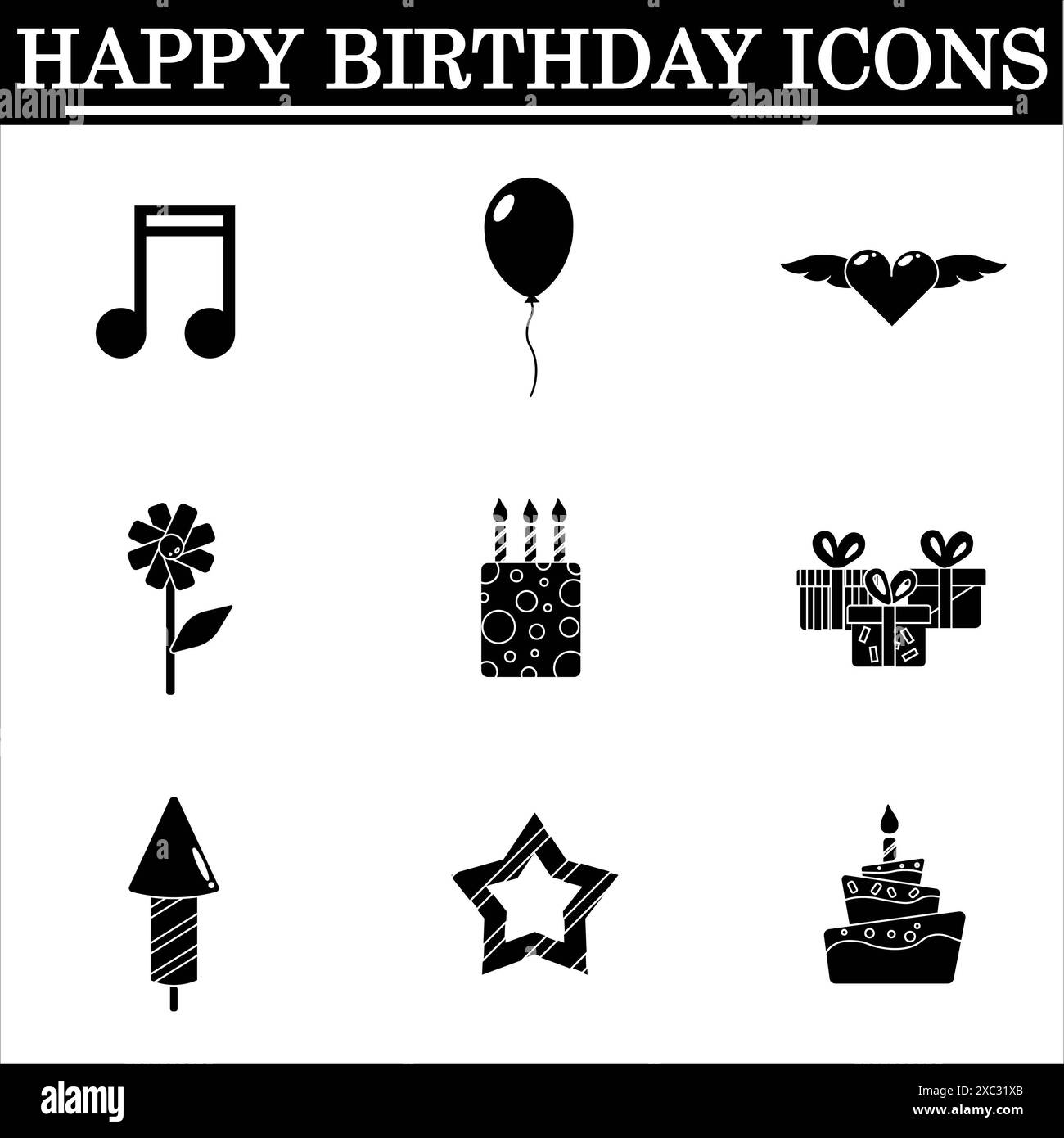 Set of birthday simple icons on the white background. Celebration black ...
