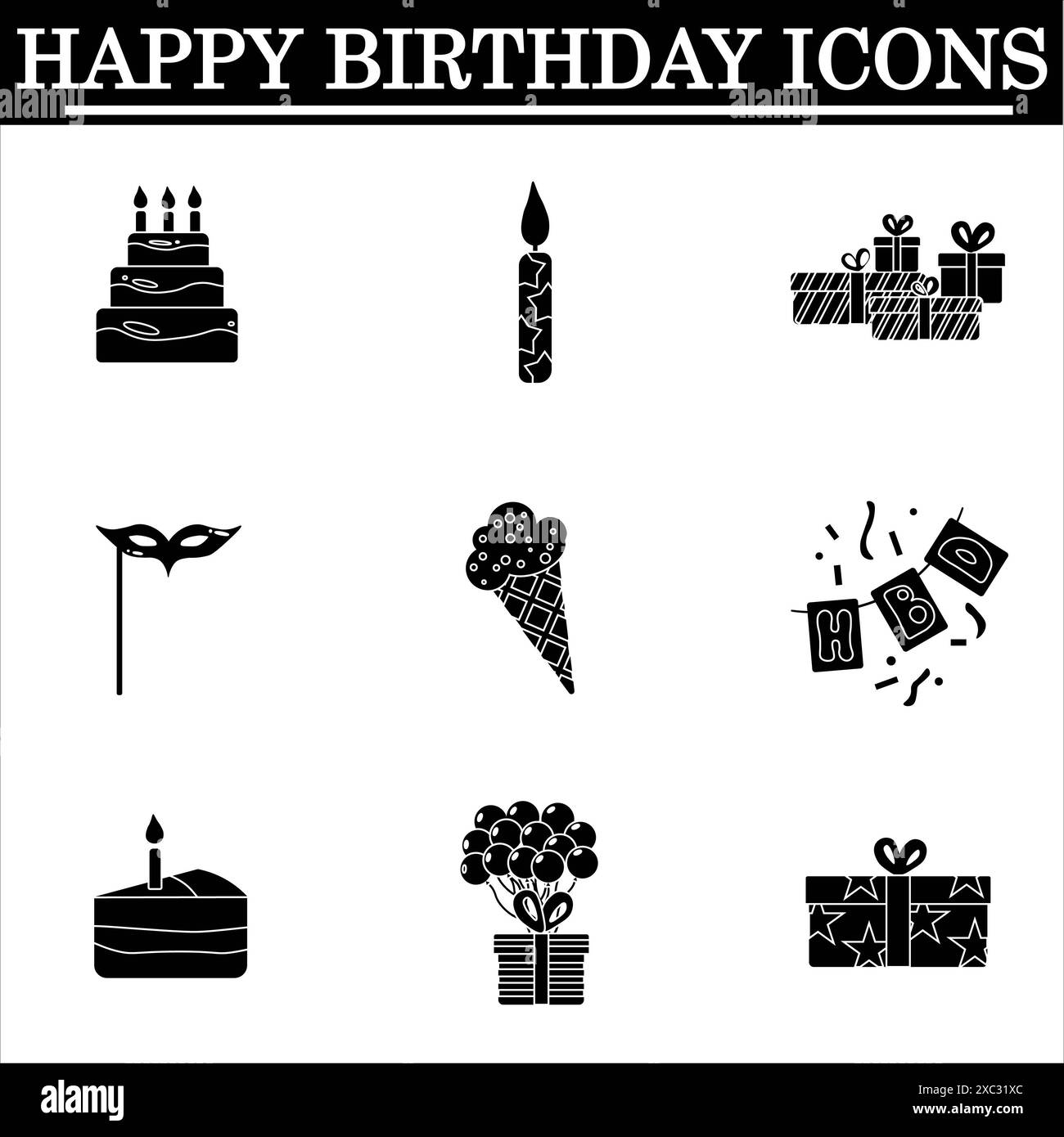 Set of birthday simple icons on the white background. Celebration black ...