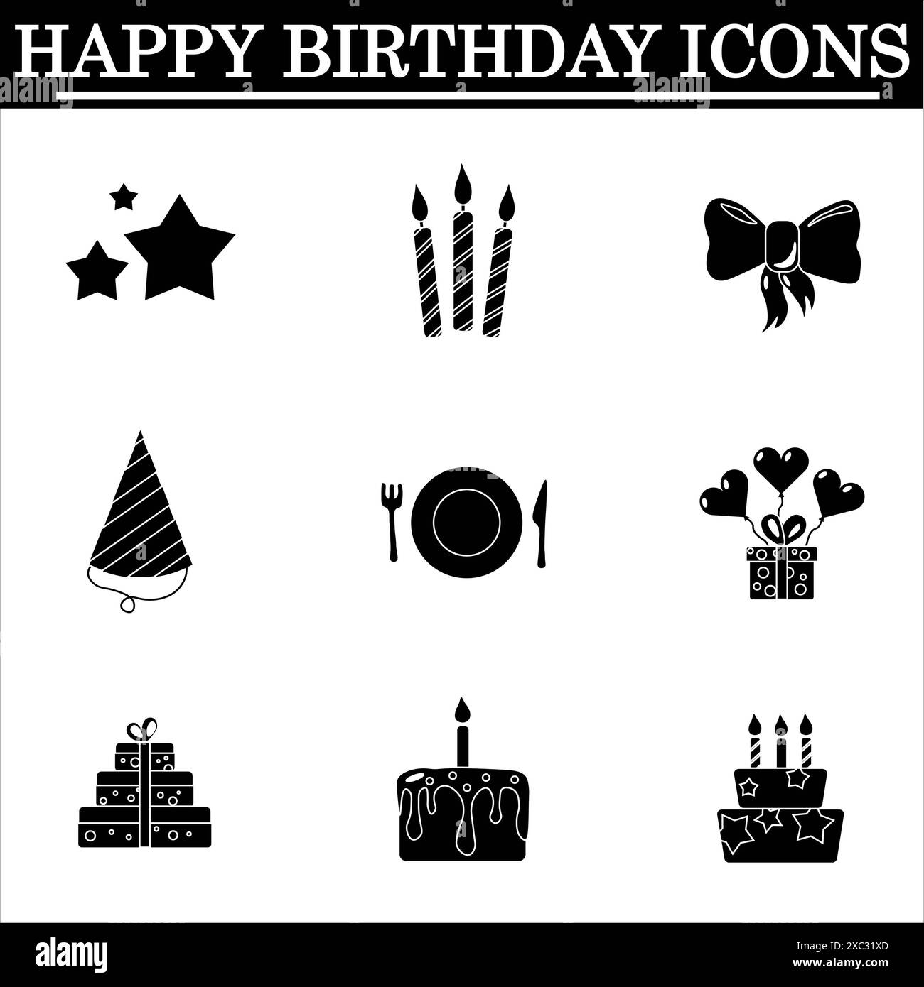 Set of birthday simple icons on the white background. Celebration black ...