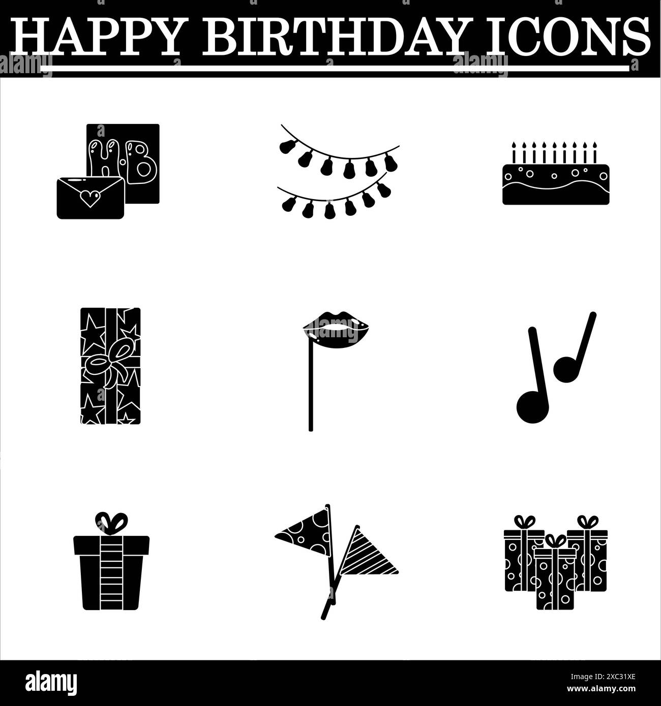 Set of birthday simple icons on the white background. Celebration black ...