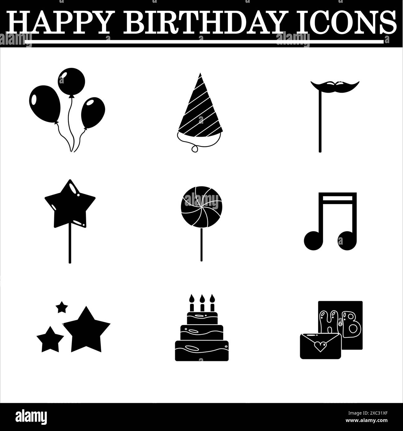 Set of birthday simple icons on the white background. Celebration black ...