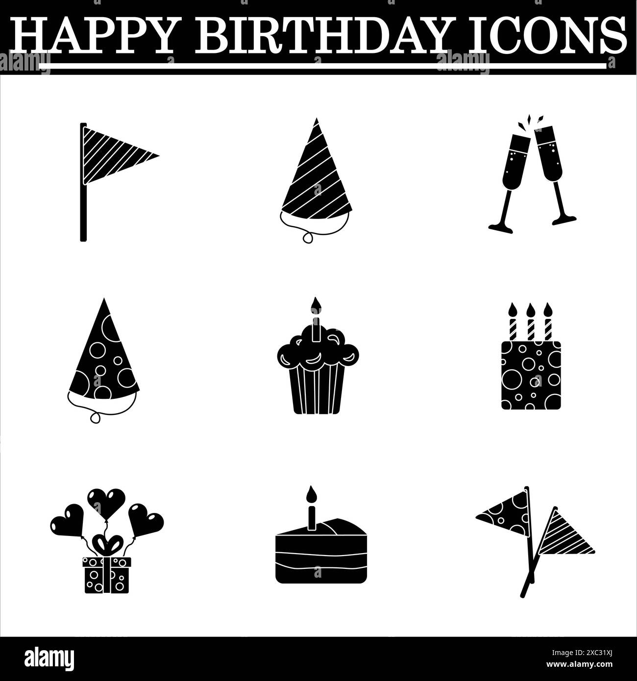Set of birthday simple icons on the white background. Celebration black ...