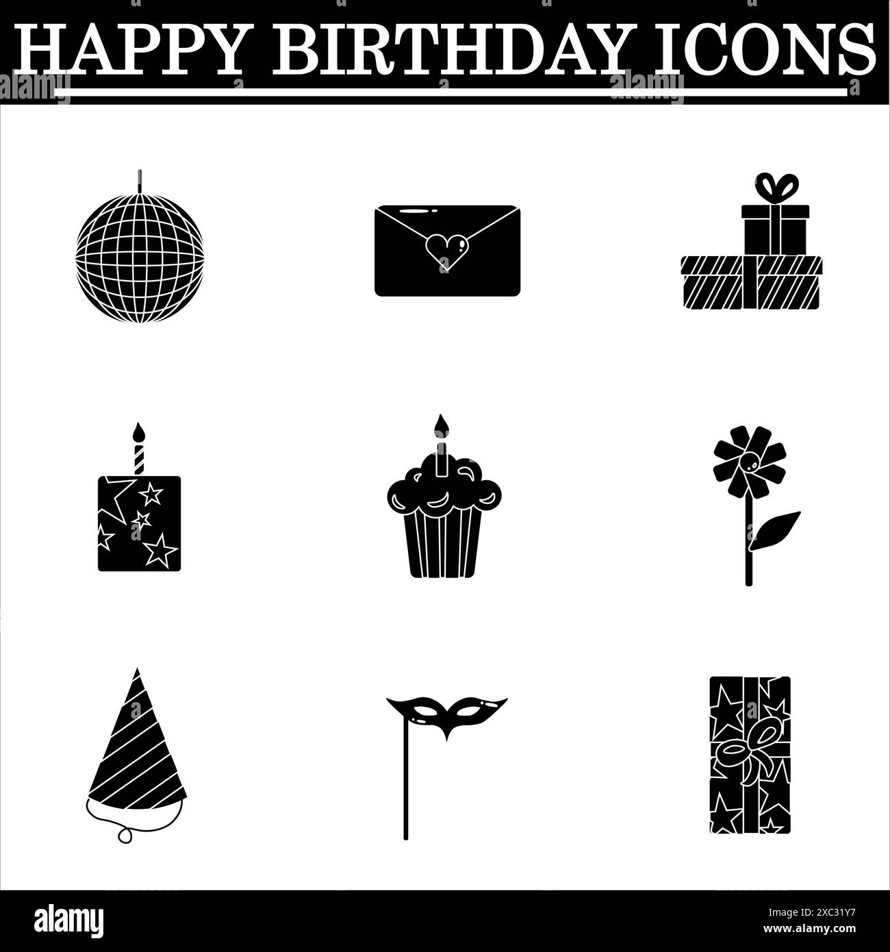 Set of birthday simple icons on the white background. Celebration black ...
