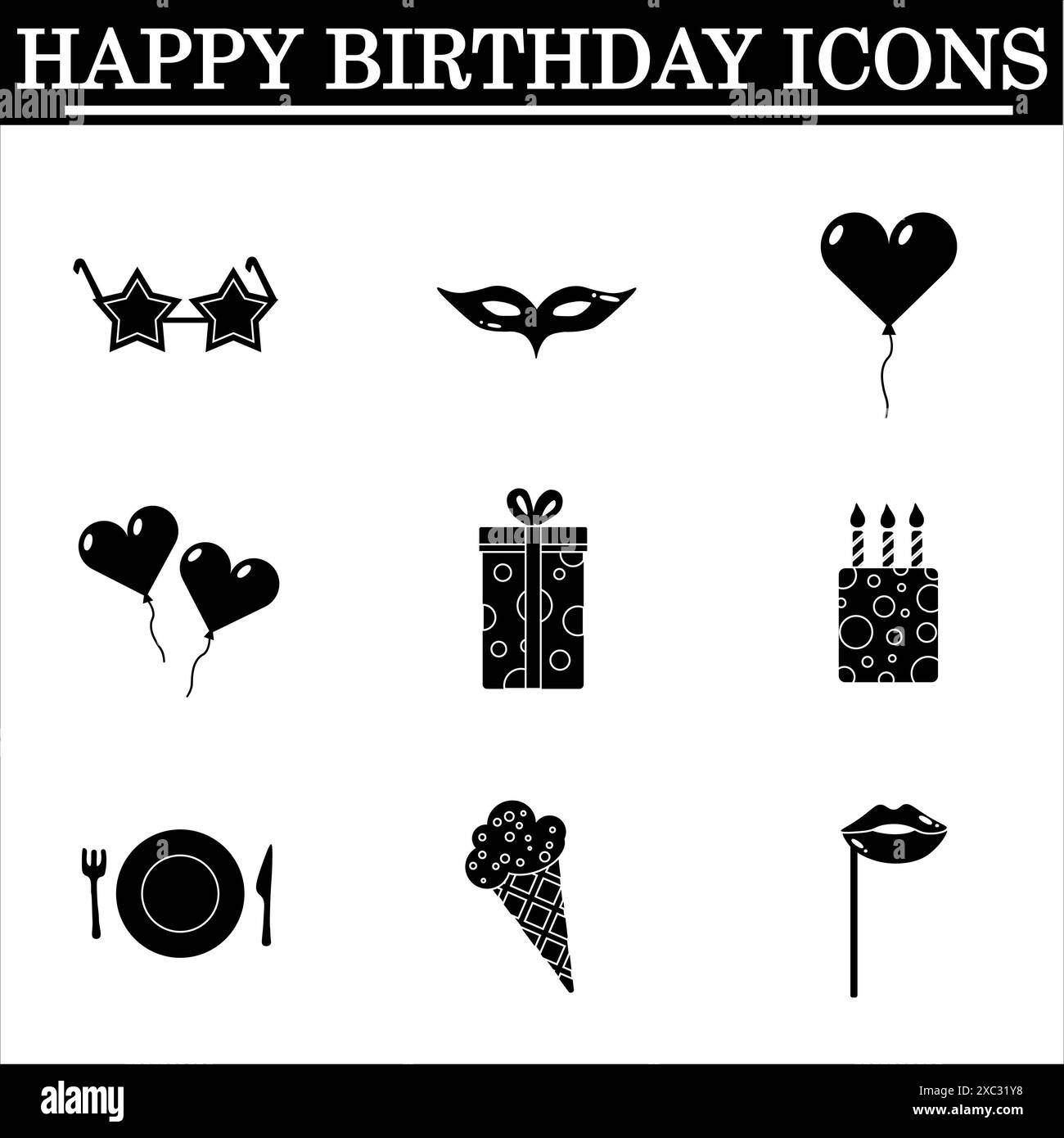 Set of birthday simple icons on the white background. Celebration black ...