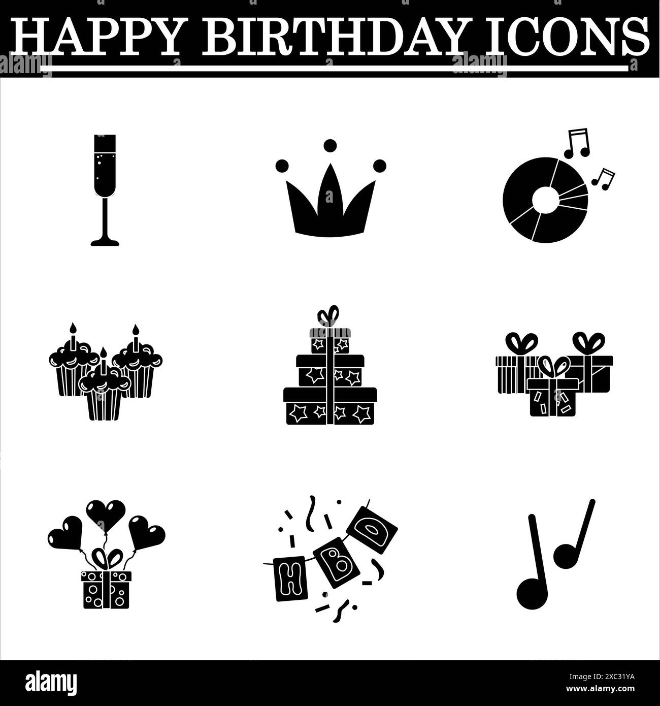 Set of birthday simple icons on the white background. Celebration black ...