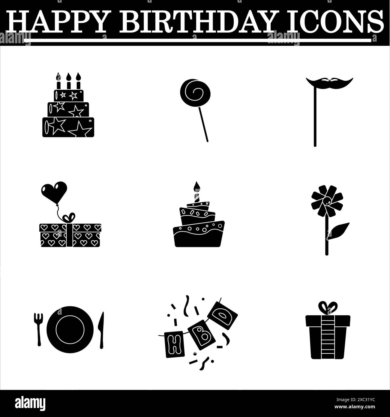 Set of birthday simple icons on the white background. Celebration black ...