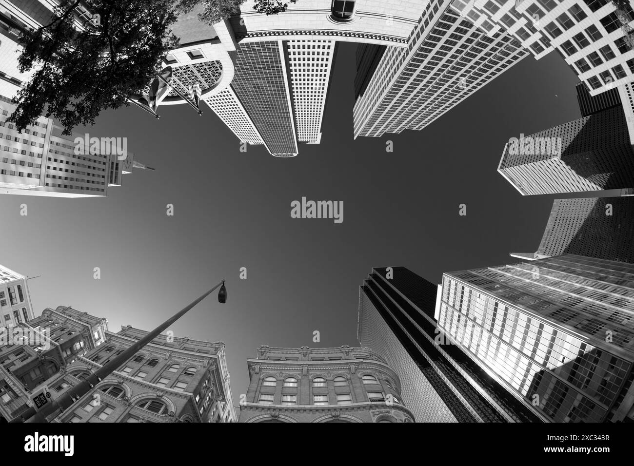 fisheye view of historic skyscraper in old town od Dallas under blue ...