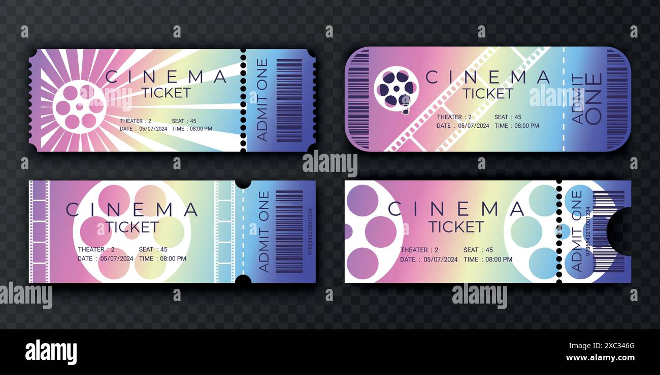 Set of cinema tickets with gradient design. Different shapes, front ...