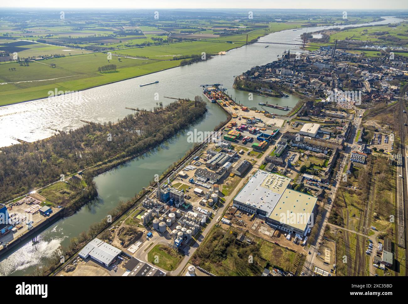 Aerial view, Emmerich container port and Rhine river, construction site ...