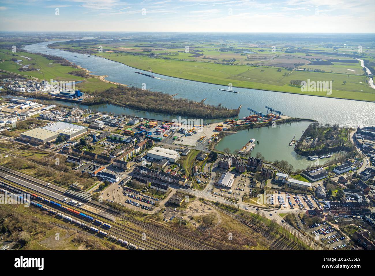 Aerial view, Emmerich container port and Rhine river, construction site ...
