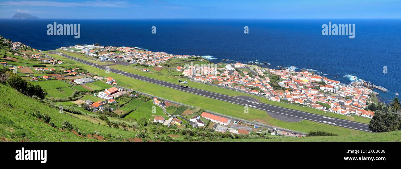 Panorama of Santa Cruz das Flores (Azores islands) with airport runway ...