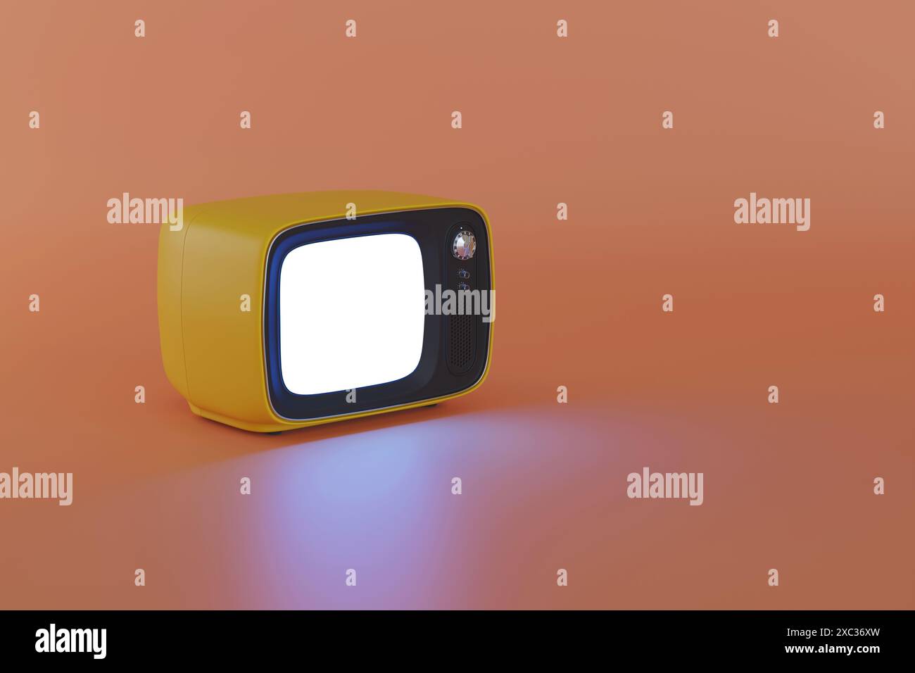 Old yellow TV receiver with blank screen with copy space. 3d ...