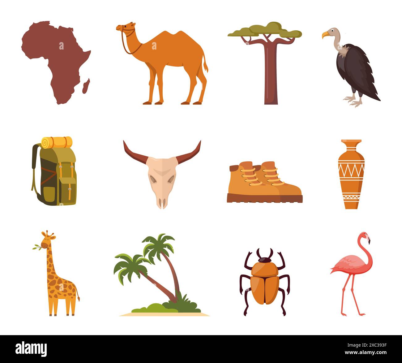 Africa and Safari elements and icons. Camel, giraffe, palm tree, baobab ...