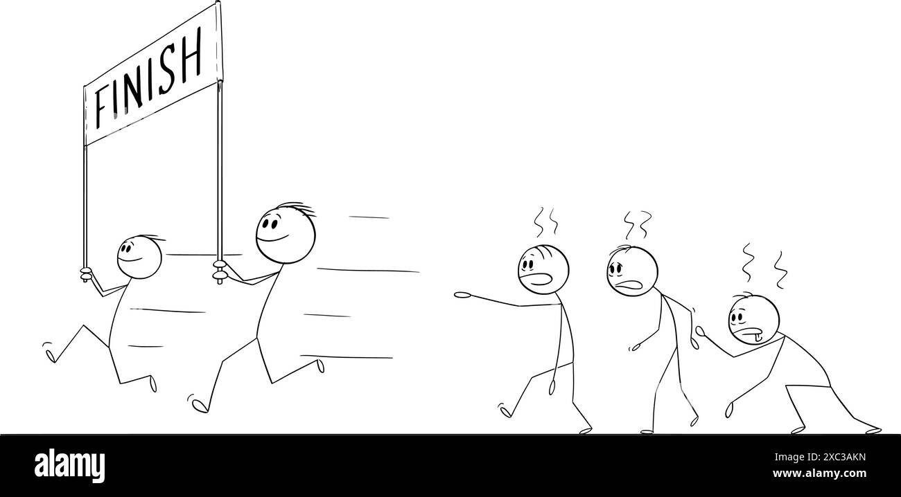 Competitors are trying to get to the finish line, vector cartoon stick ...