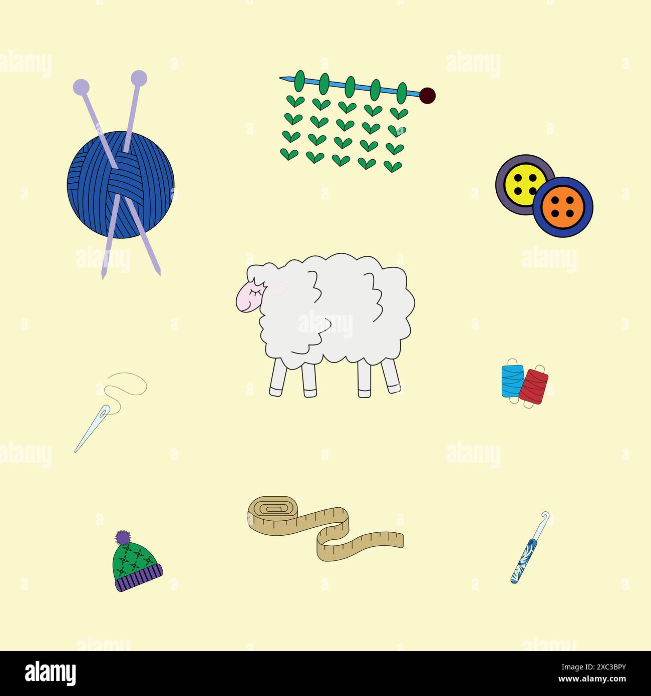 Knitting set. Handmade hat, sheep, crochet, thread and wool yarn ball. Flat vector collection ...