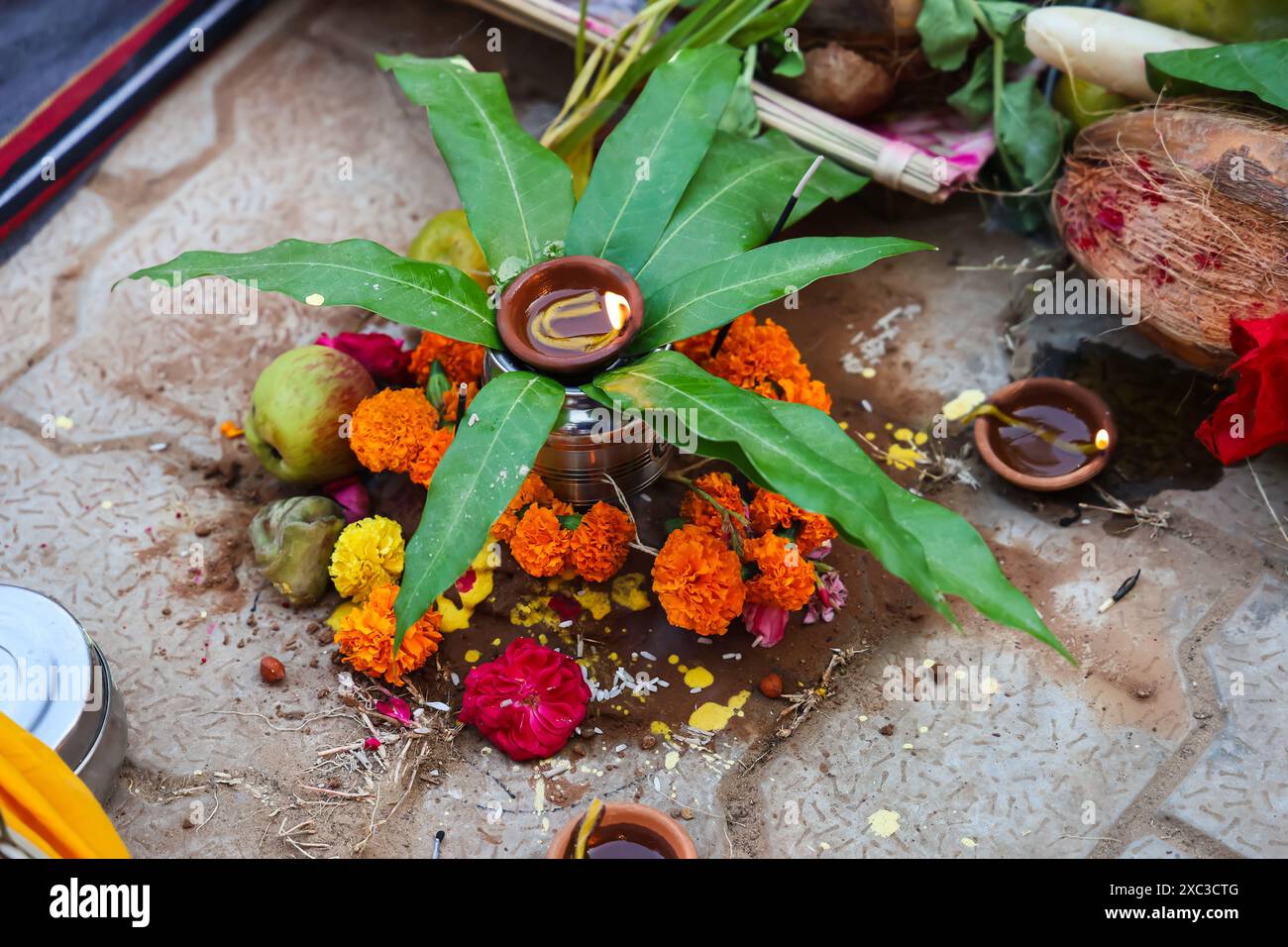 holy offerings of burning clay oil lamp for hindu god at festival from ...