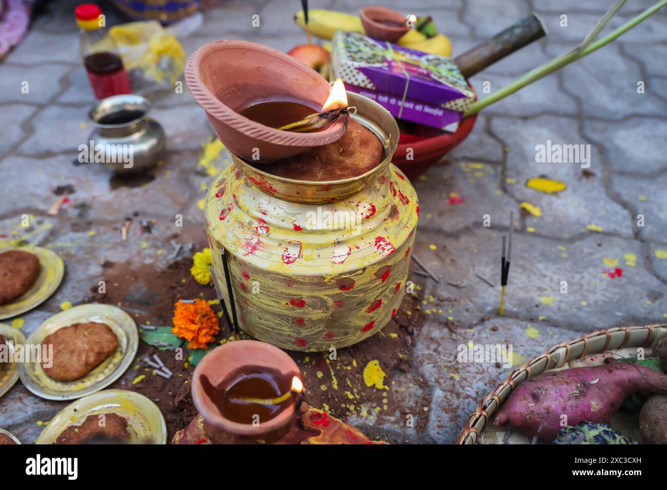 holy offerings of burning clay oil lamp for hindu god at festival from ...