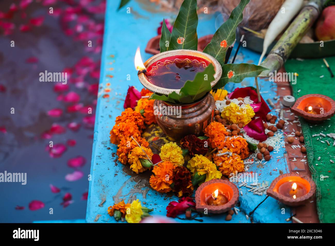 holy offerings of burning clay oil lamp for hindu god at festival from ...
