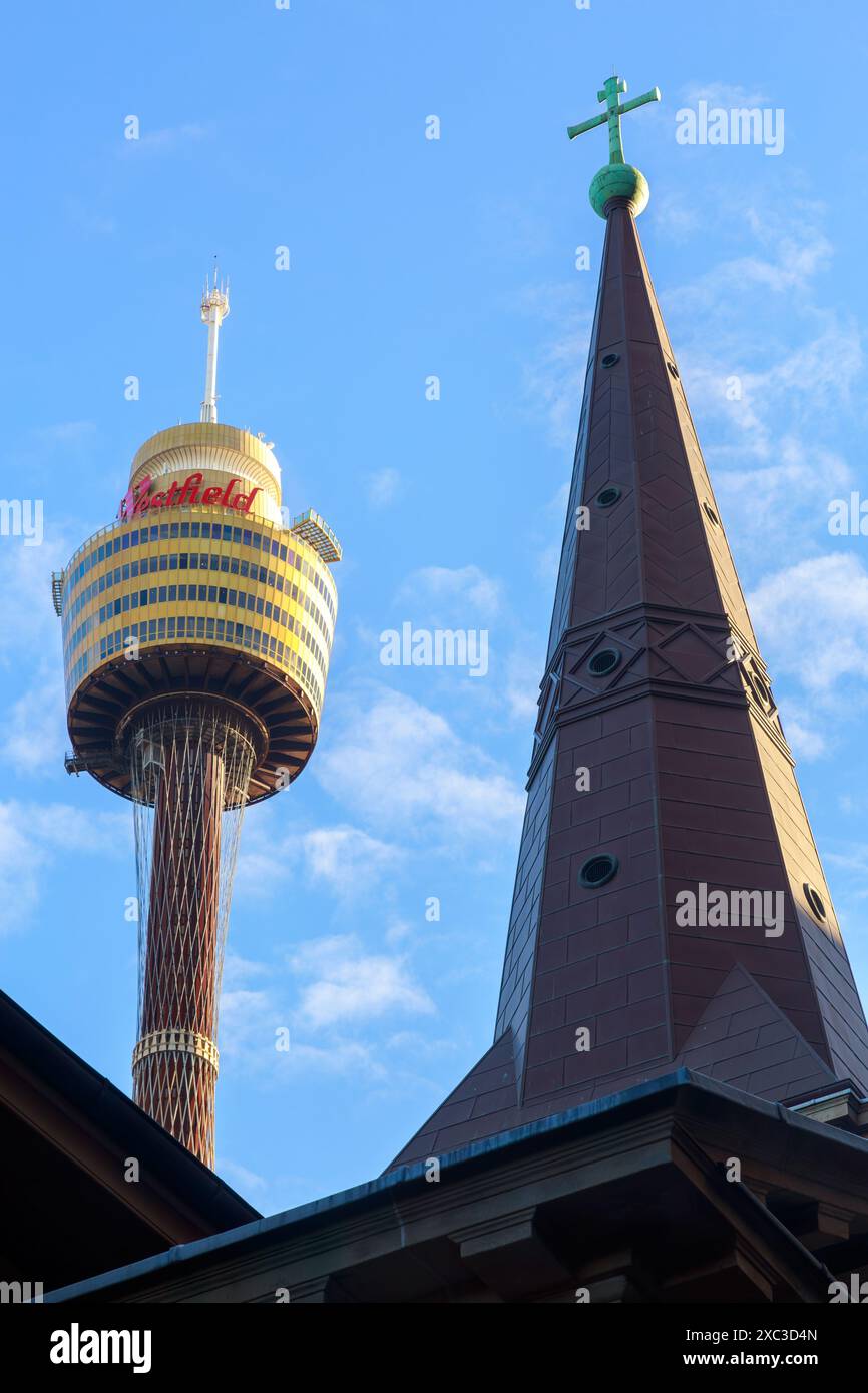 The Sydney Tower Eye and the steeple of the historic St. James Anglican ...