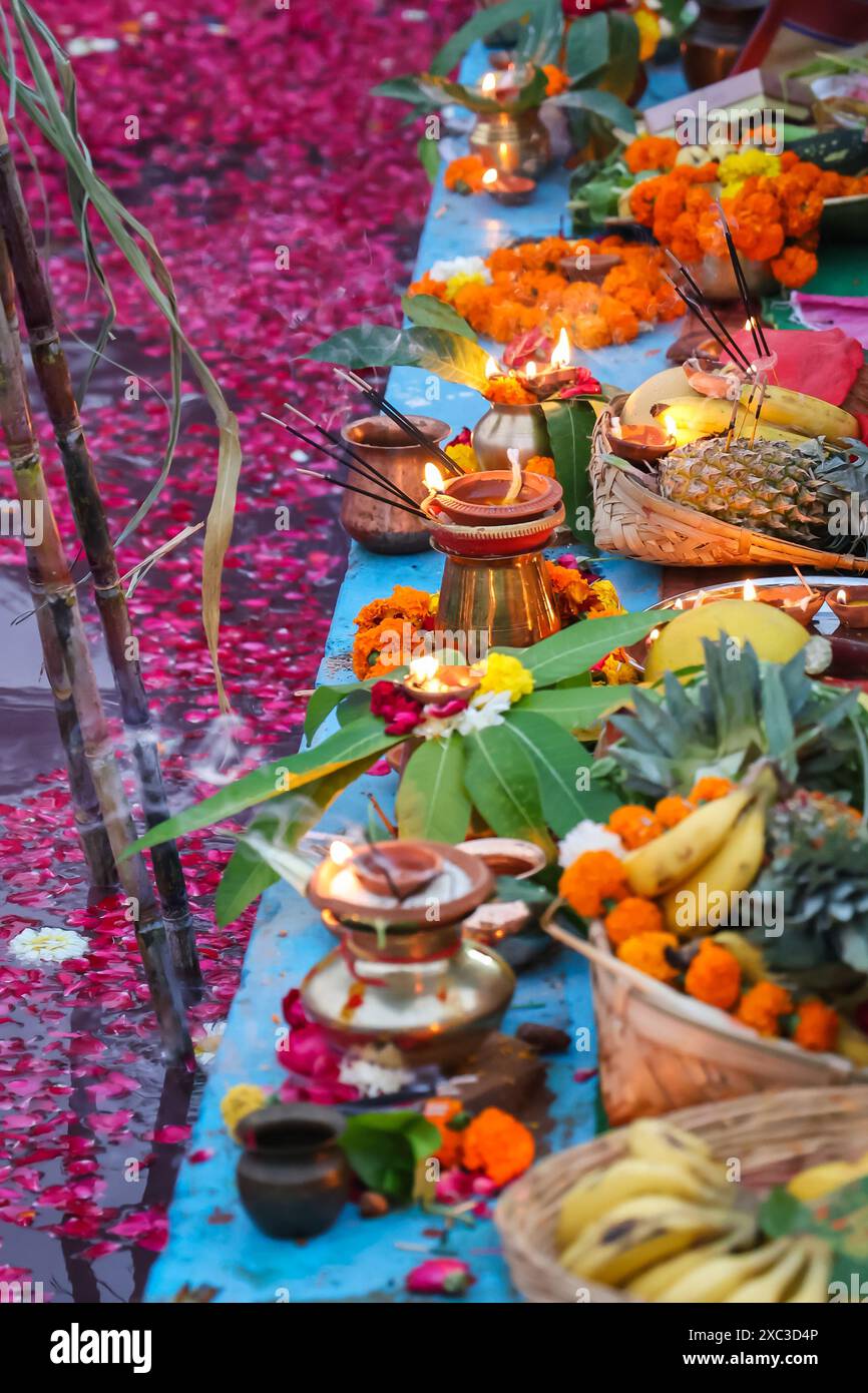 holy offerings of fruits for hindu sun god at chhath festival unique ...