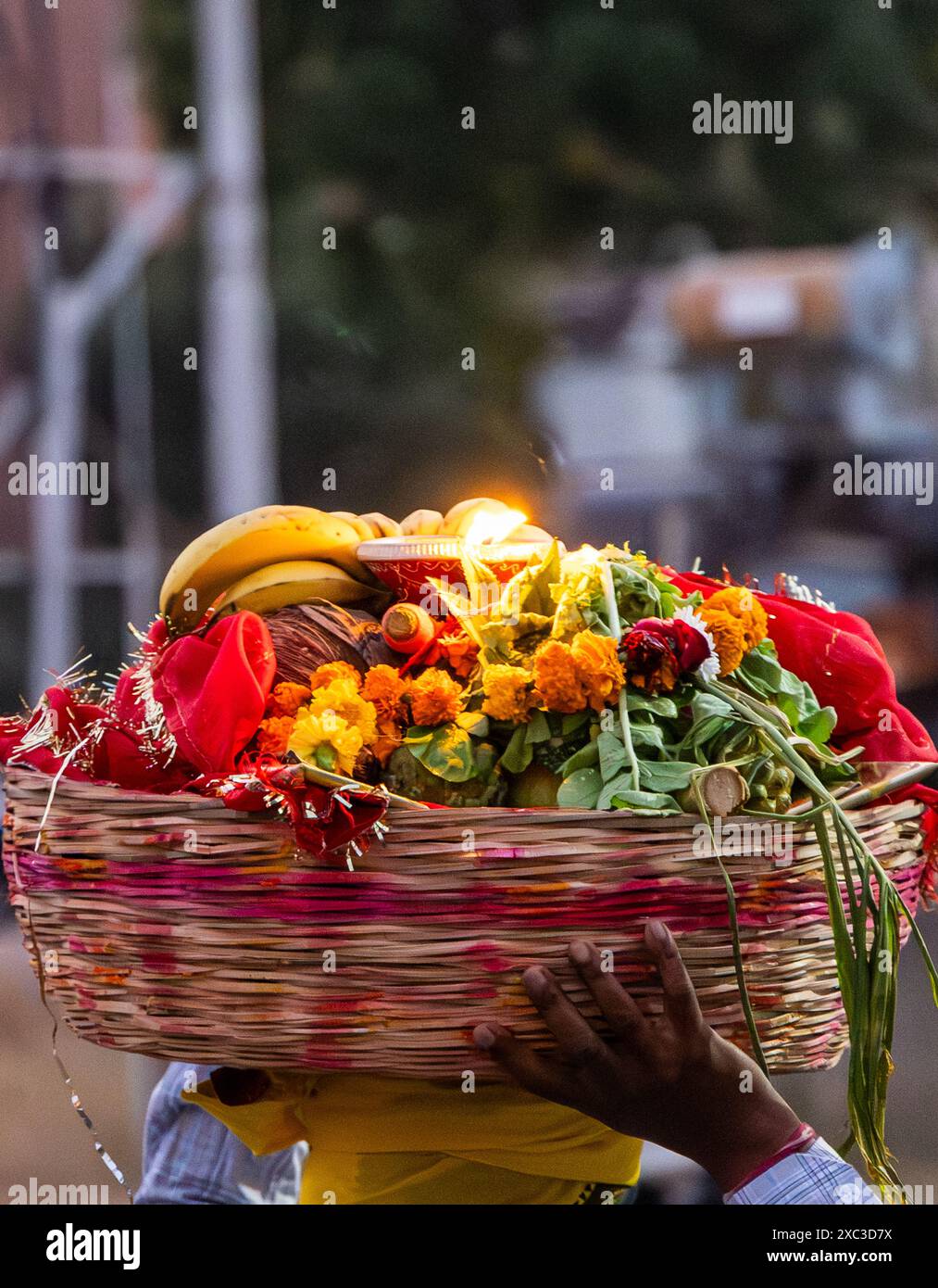 holy offerings of burning clay oil lamp for hindu sun god at chhath ...